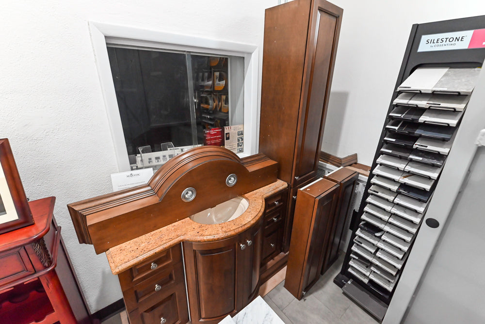 Brown Maple 64" Curved Front Vanity with Countertop, Sink and Faucet ...