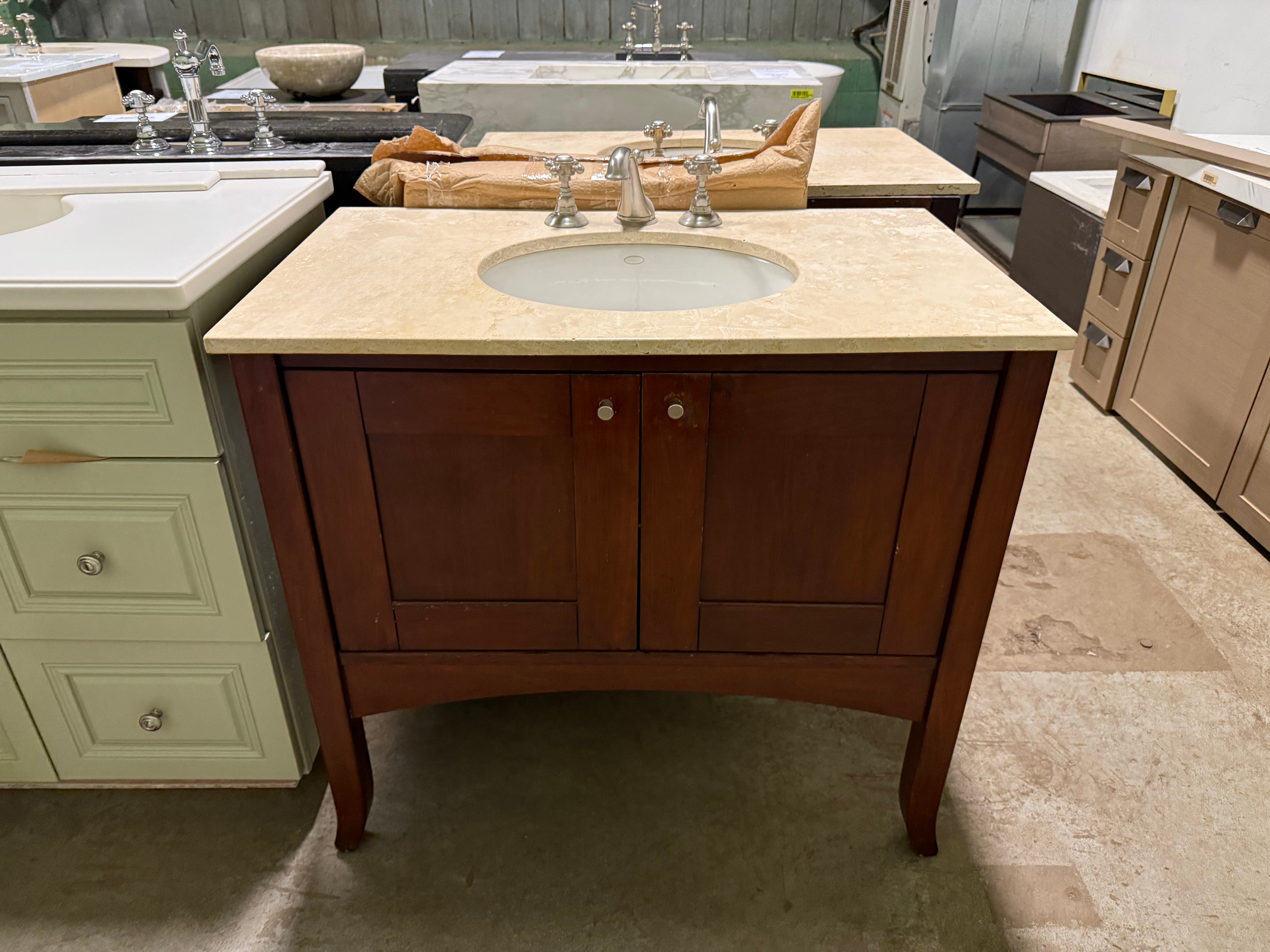 Traditional 37" Cherry Wood Single Vanity with Stone Top, Sink and Fau ...