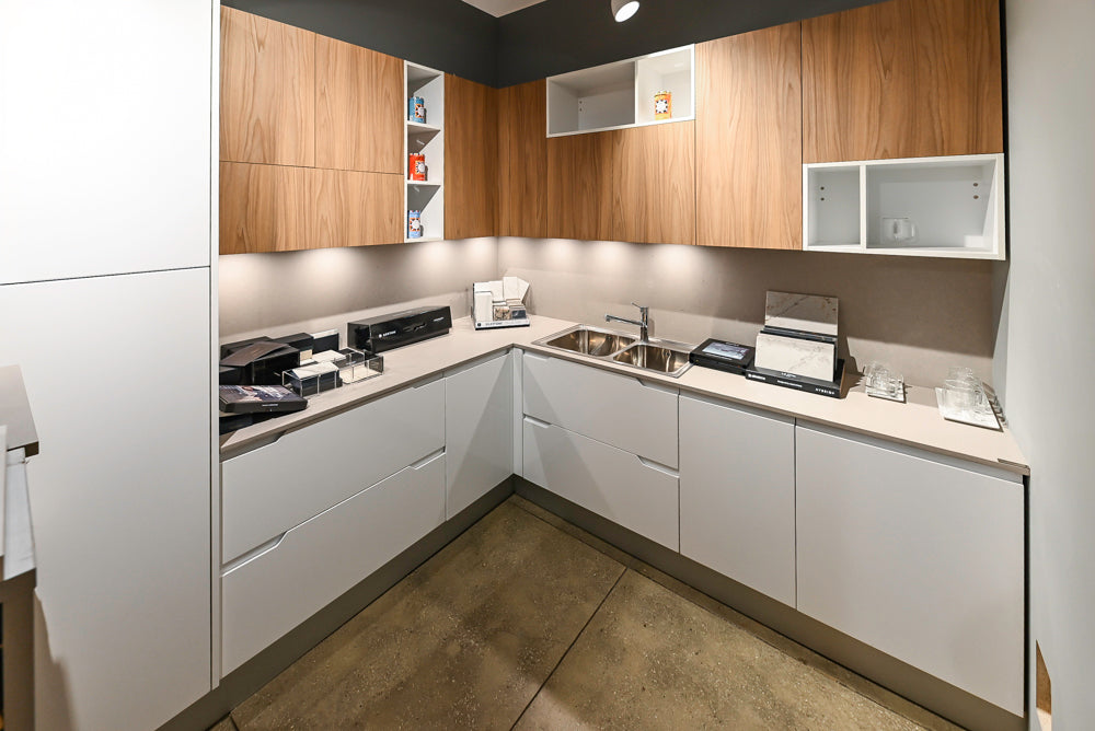 Lyon's Modern White and Natural Wood Toned Kitchenette with Silestone ...