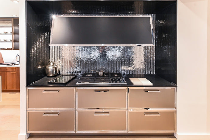 DOCA Modern Gold & Black Cooking Station with Black Quartz Countertops ...