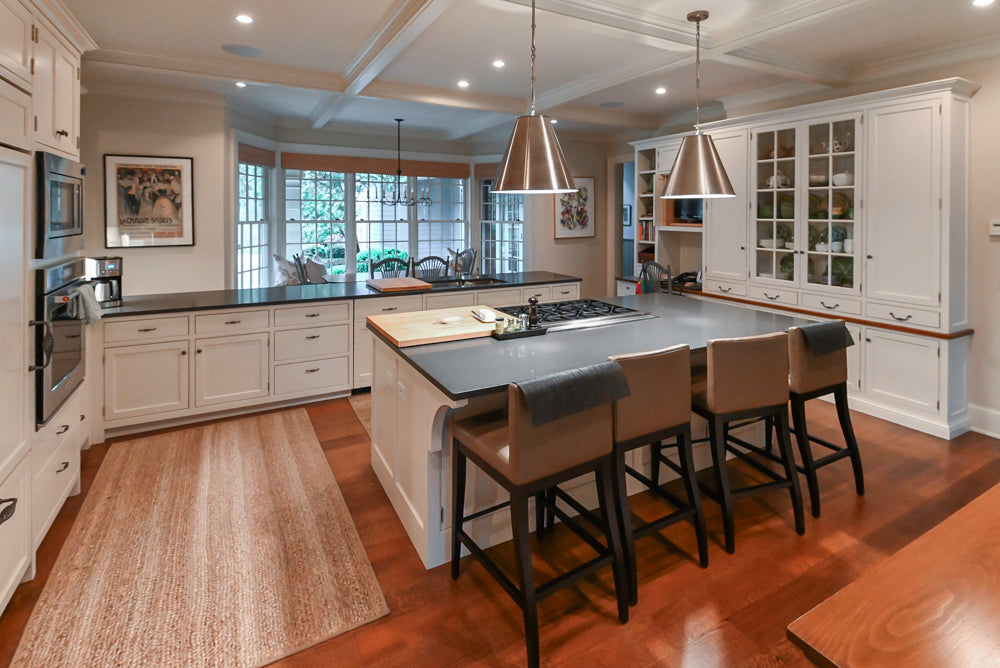 Large Traditional White Kitchen with Island, Stone Countertops & Desk