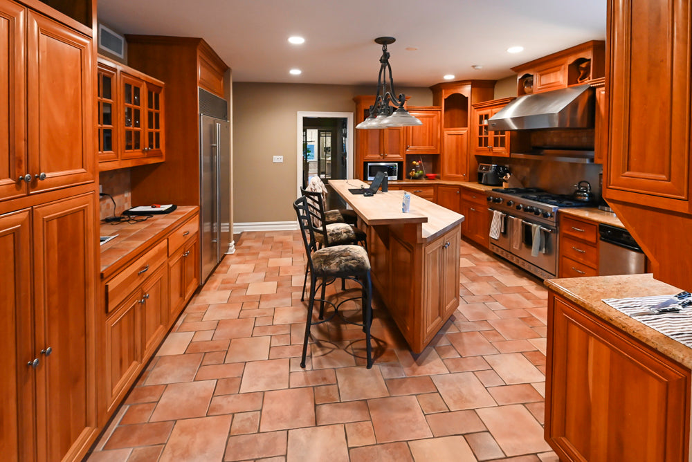 Traditional Wooden Kitchen with Island and Appliances featuring 48" Vi ...