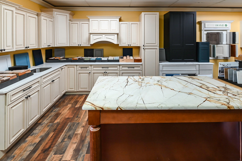 Light Cream Kitchen Corner with Quartz Countertops and Marble Top Isla ...