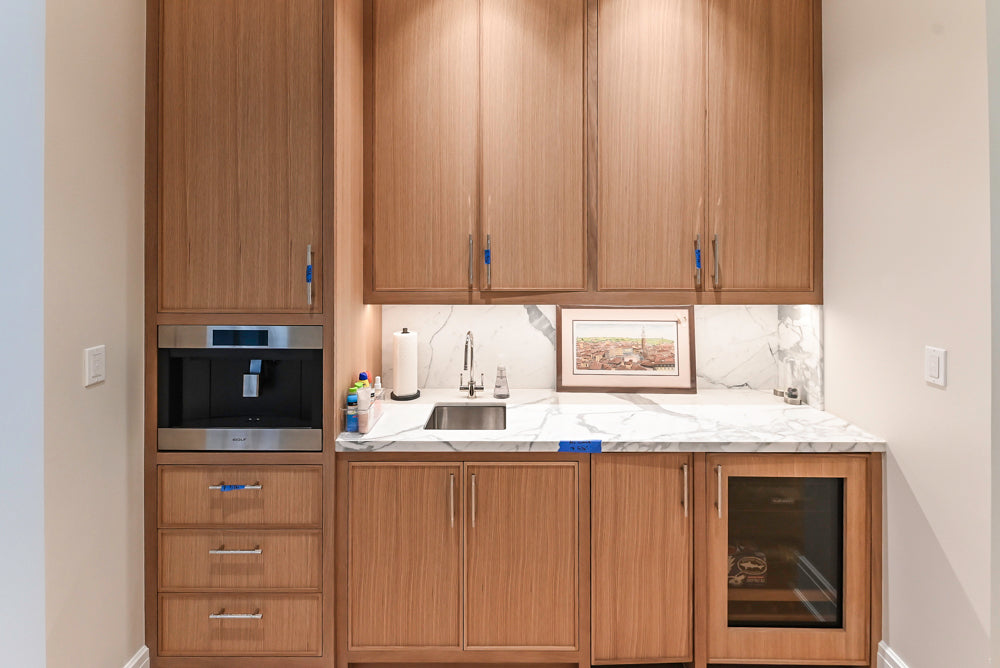 Custom Transitional Natural Wood Toned Butler's Pantry with Marble Cou ...