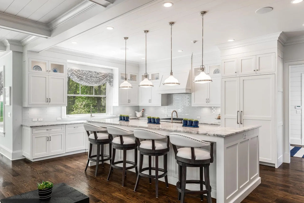 "The Belmont" Transitional White Kitchen with Island, Marble Counterto – Aurora Circ