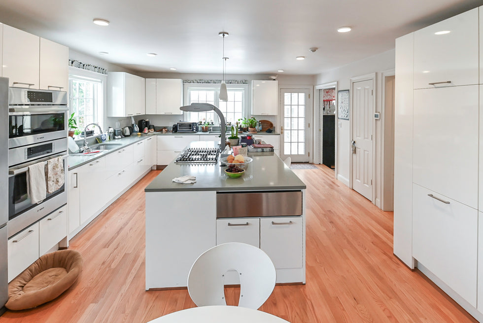 Nobilia Modern White Kitchen with Grey Stone Countertops, Island and B ...